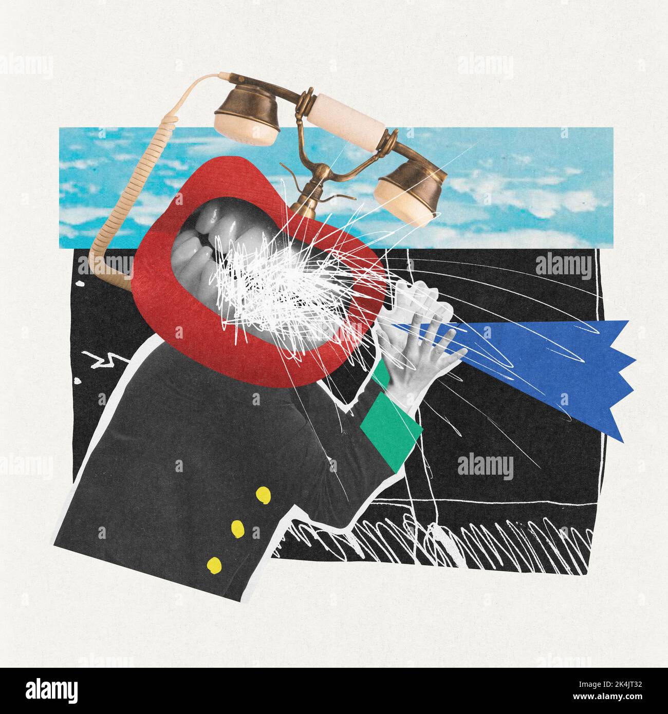 Contemporary art collage. Angry man, employee screaming, feeling tired ...