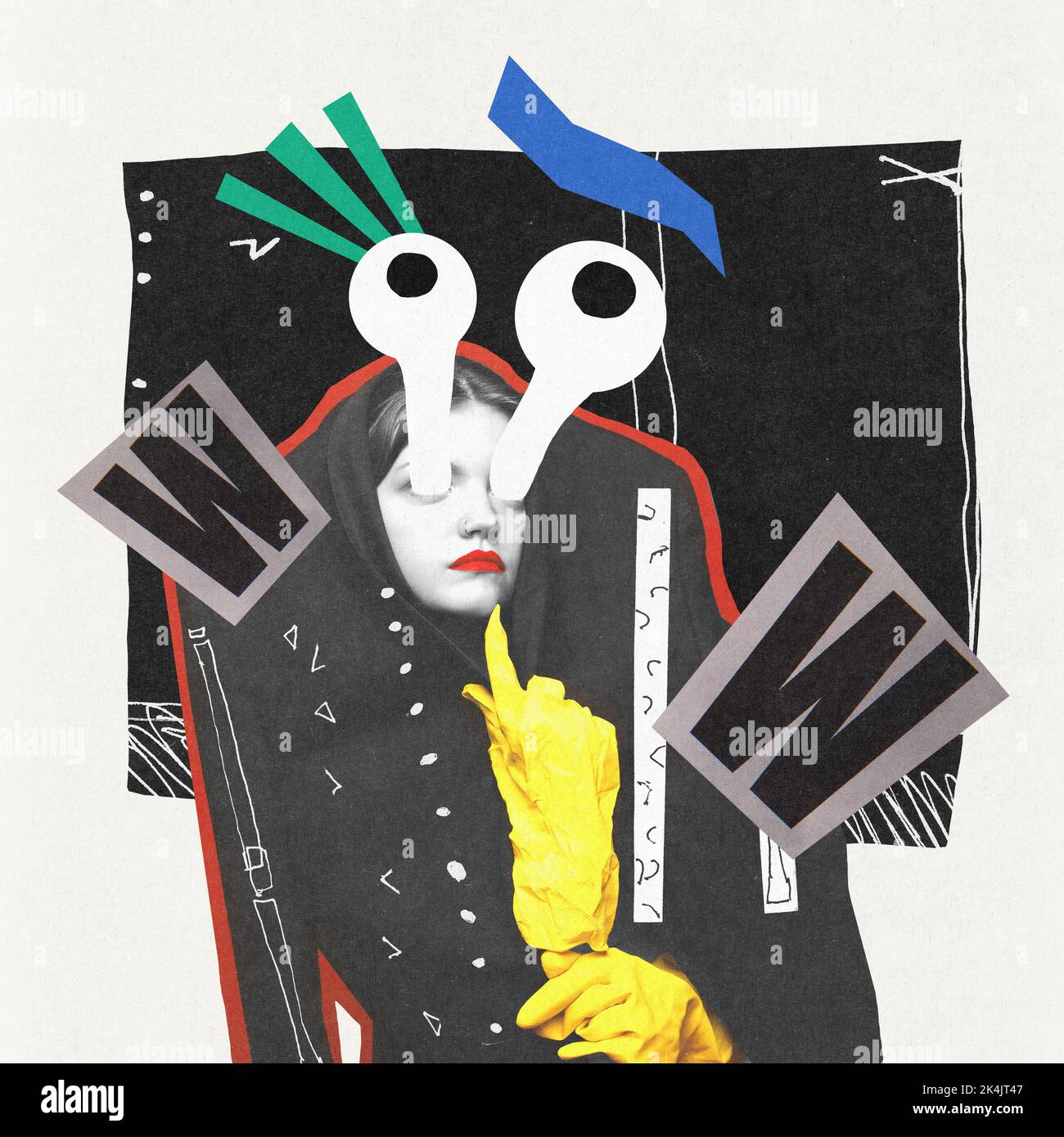 Contemporary art collage. Creative design with young woman covering ...