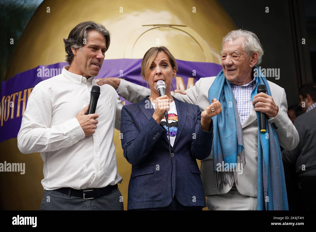 (left to right) John Bishop, Mel Giedroyc and Sir Ian McKellen outside ...
