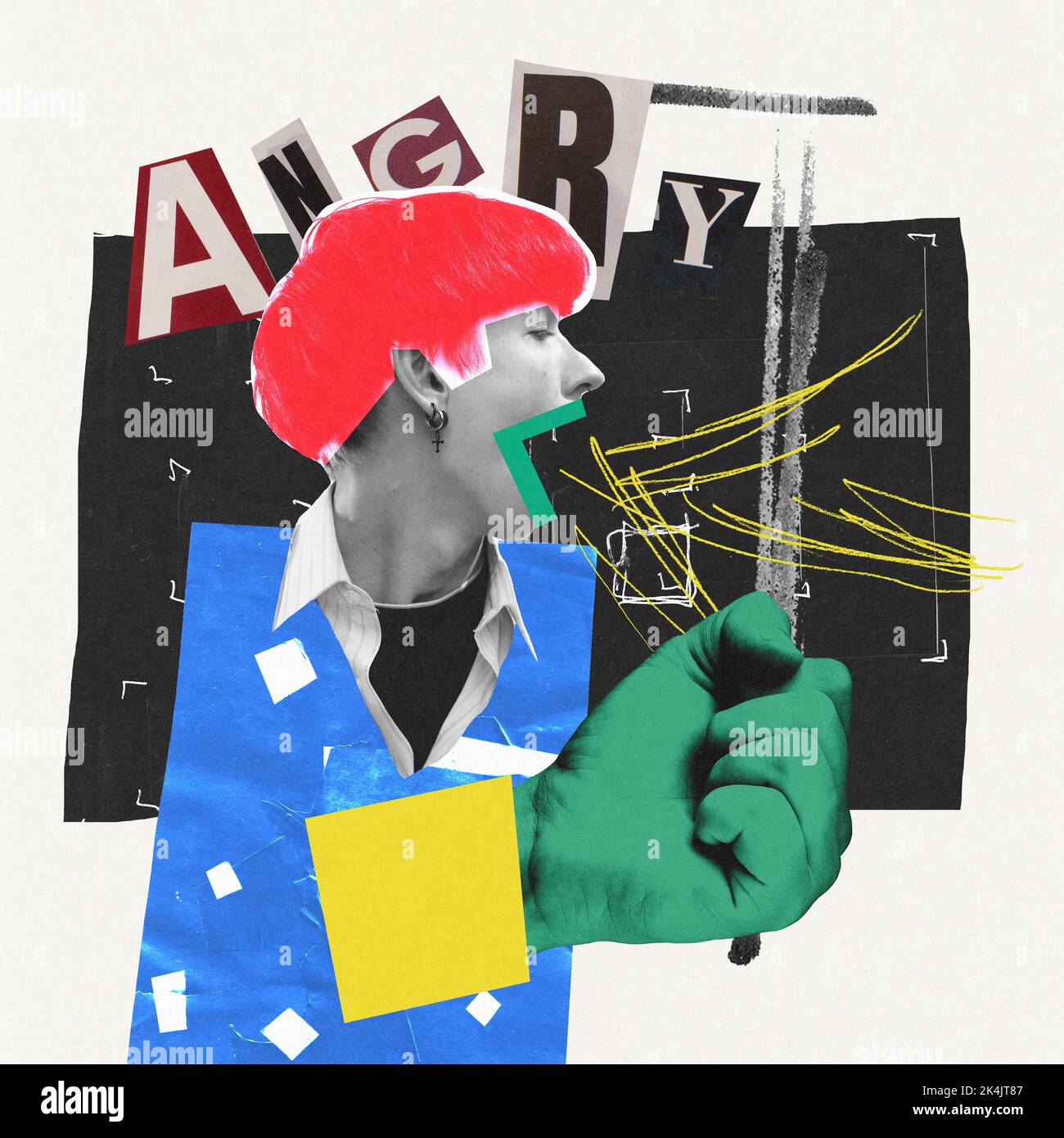 Contemporary art collage. Young man, employee, trainee getting rebuke ...