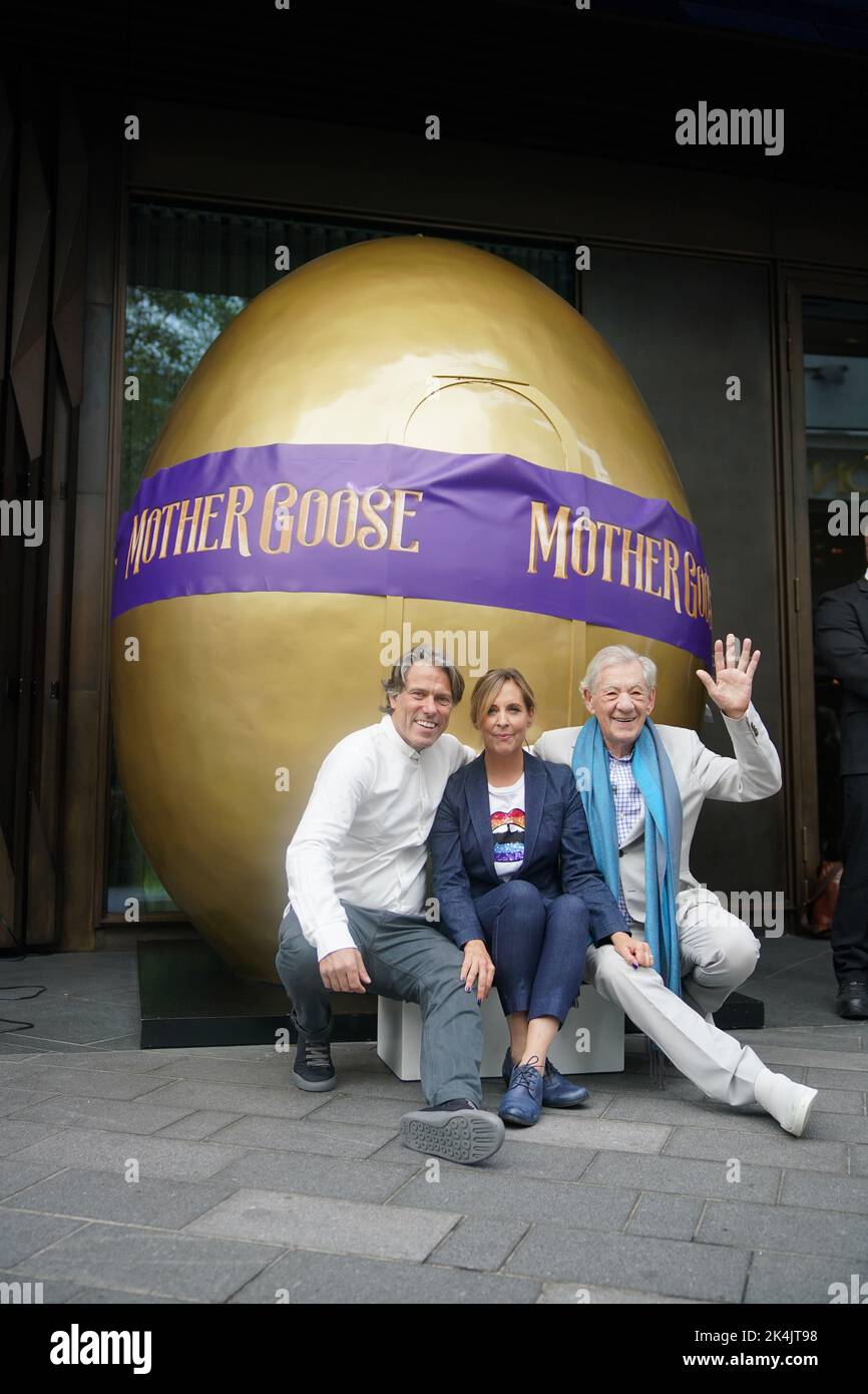 (left to right) John Bishop, Mel Giedroyc and Sir Ian McKellen outside ...