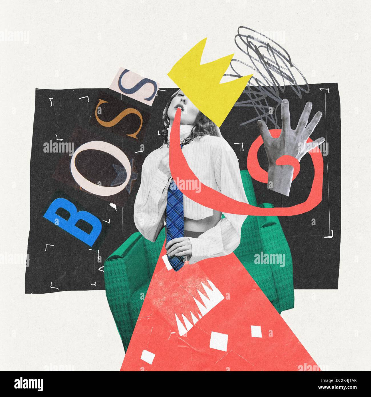 Contemporary art collage. Young woman in image of company boss, manager ...