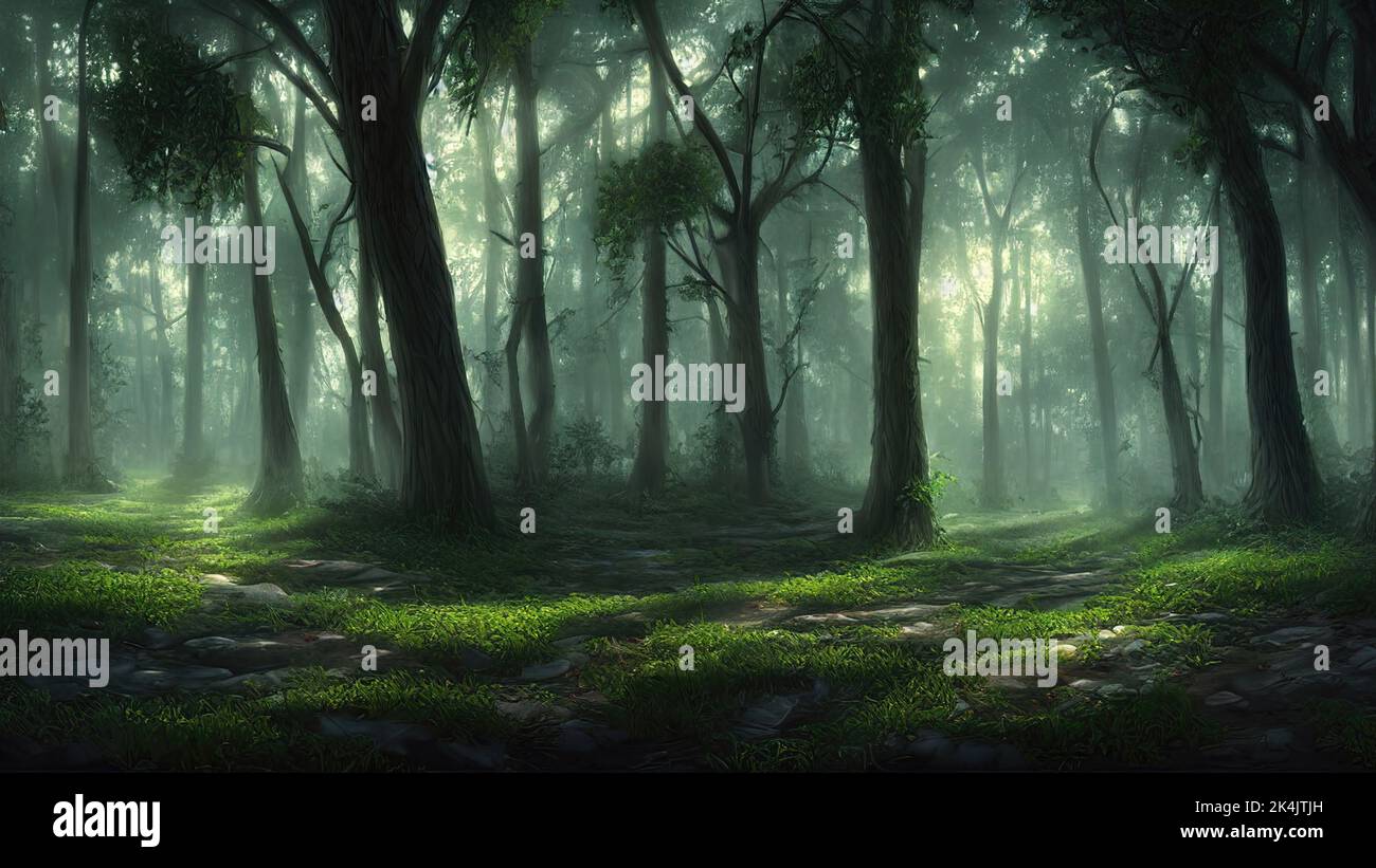 Fantasy fairy-tale magical forest, sunny evening light through the ...