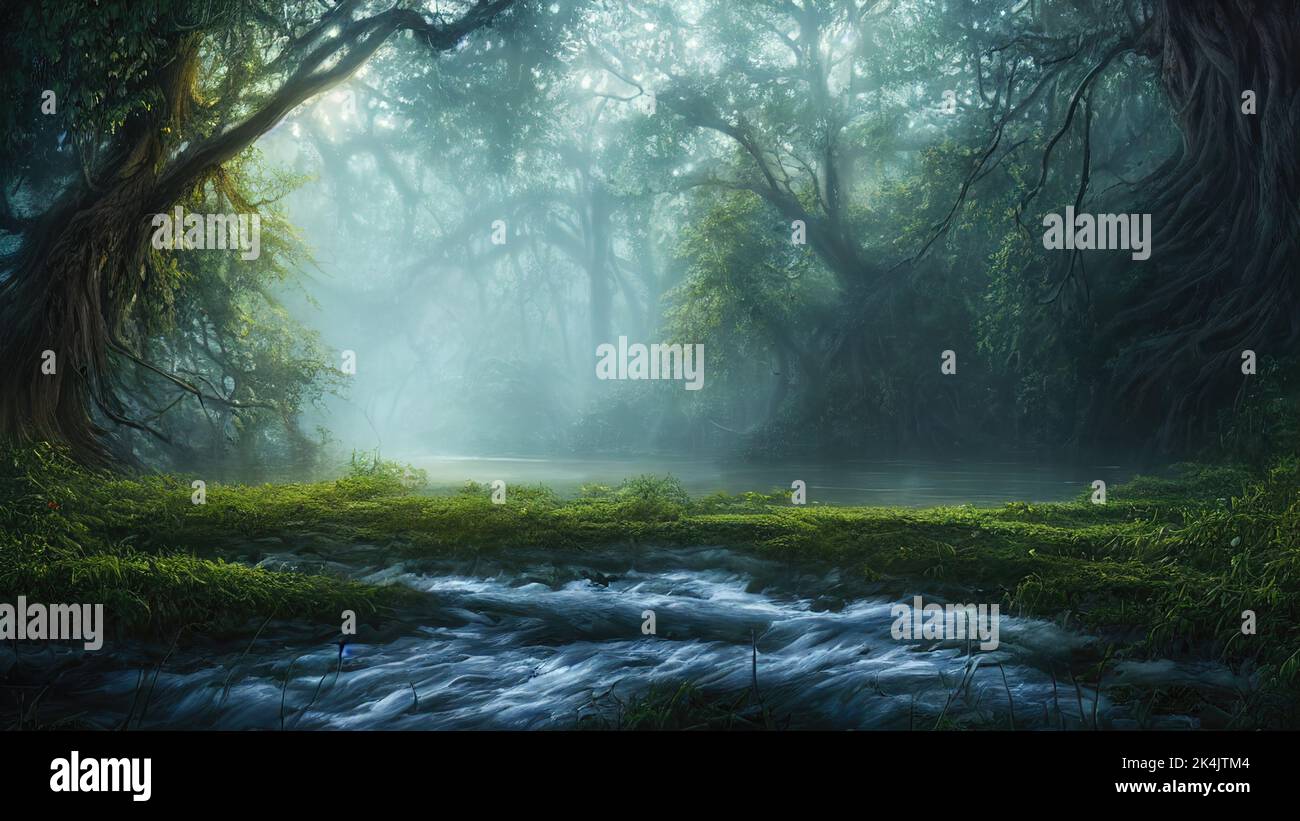 Fantasy fairy-tale magical forest, sunny evening light through the ...