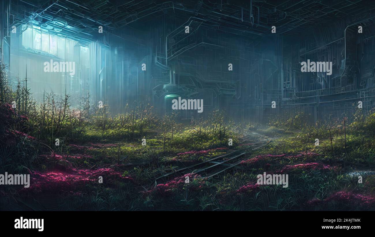 Abandoned space station overgrown with vegetation, plants and grass, an ...