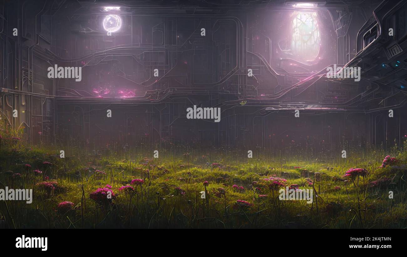 Abandoned space station overgrown with vegetation, plants and grass, an empty room. Light from ...