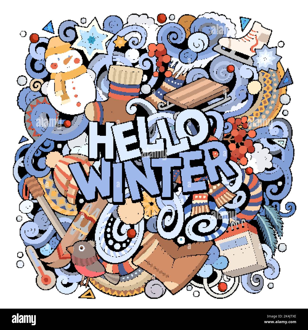 Hello Winter hand drawn doodles colorful vector illustration Stock ...