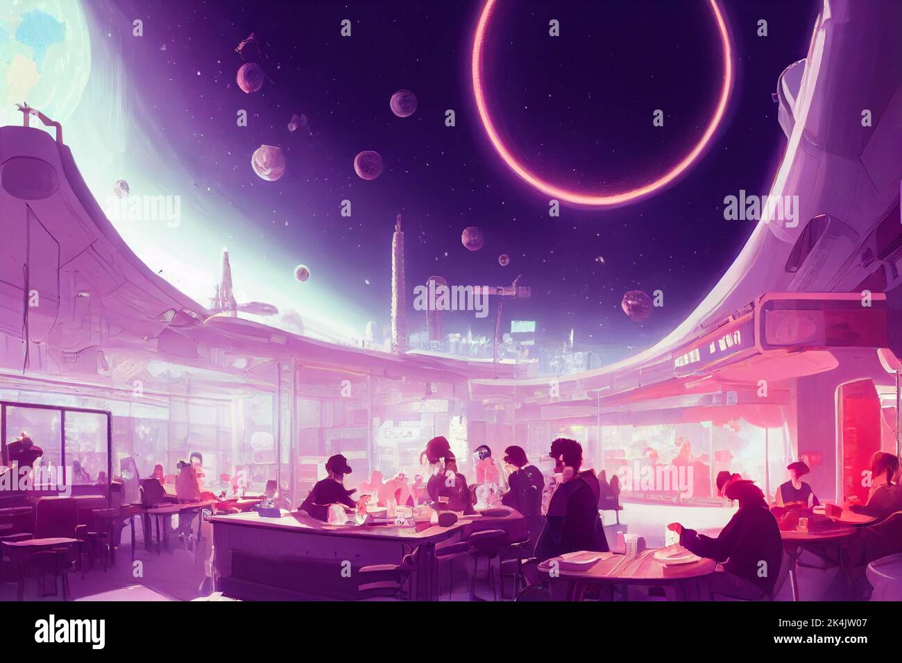 A conceptual illustration artwork of science fiction cyberpunk cafe or ...
