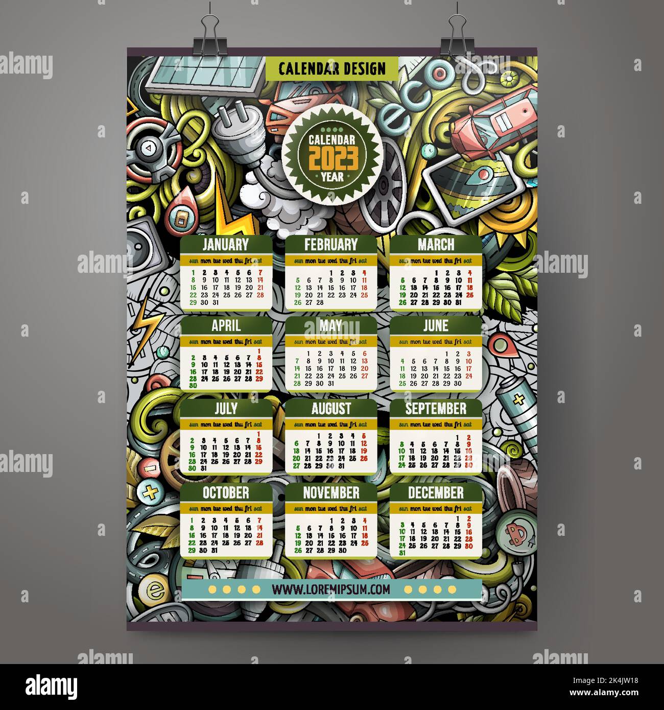 Cartoon colorful hand drawn doodles Electric cars 2023 year calendar ...