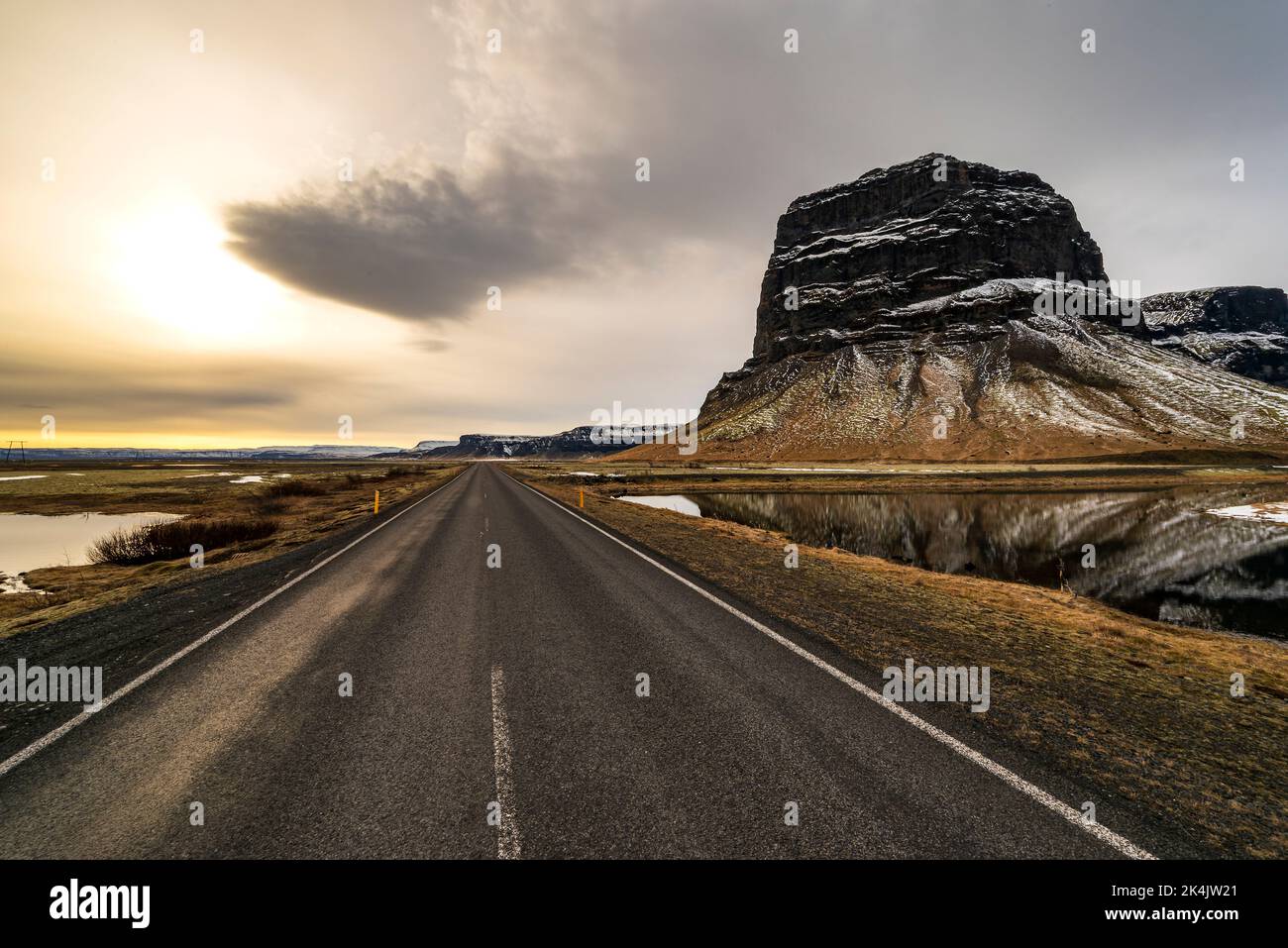 Wide angle shot of the Ring Road / Route 1 in southern Iceland, leading ...