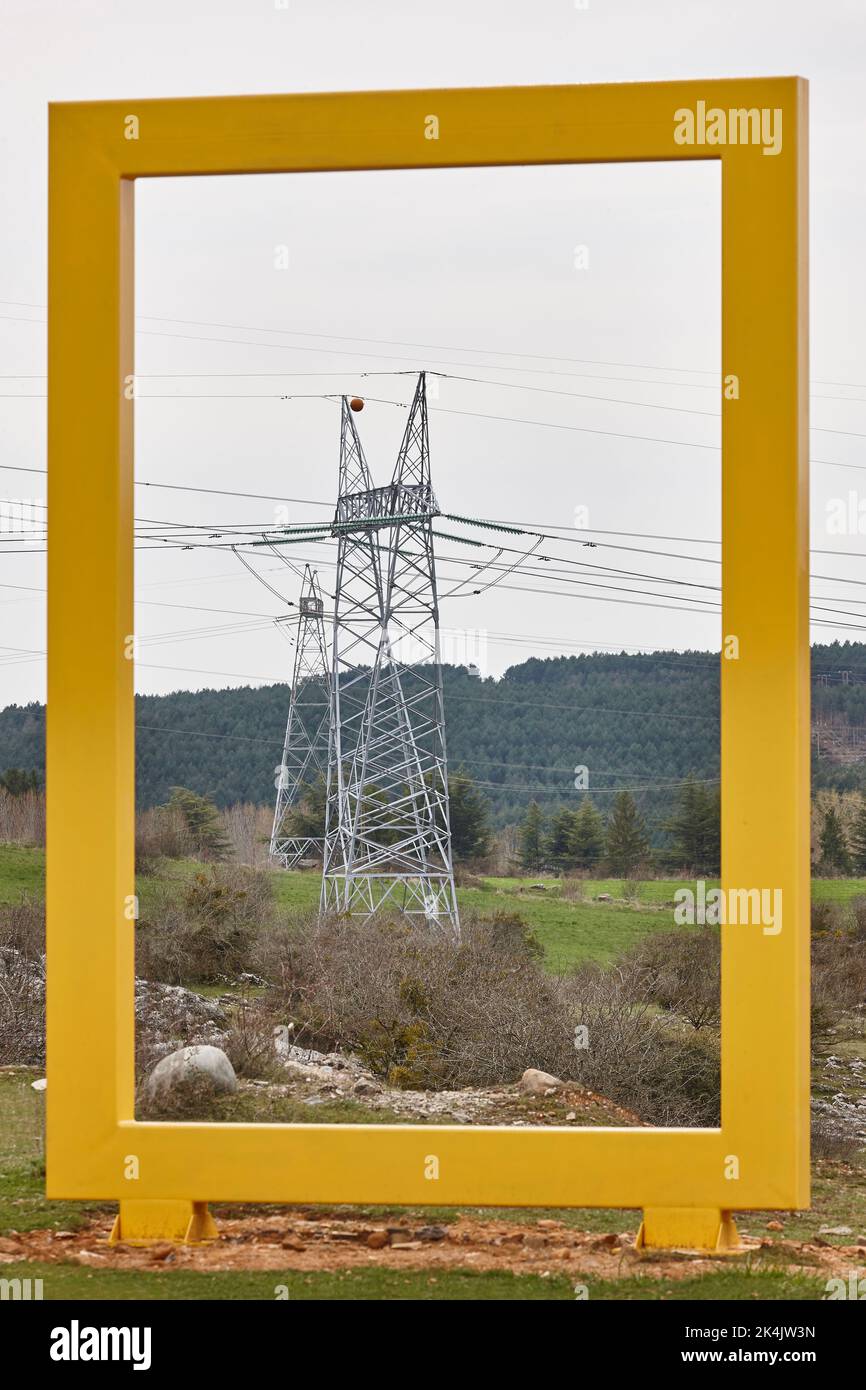 Hydroelectric power towers framing yellow rectangle . Vellila rio ...