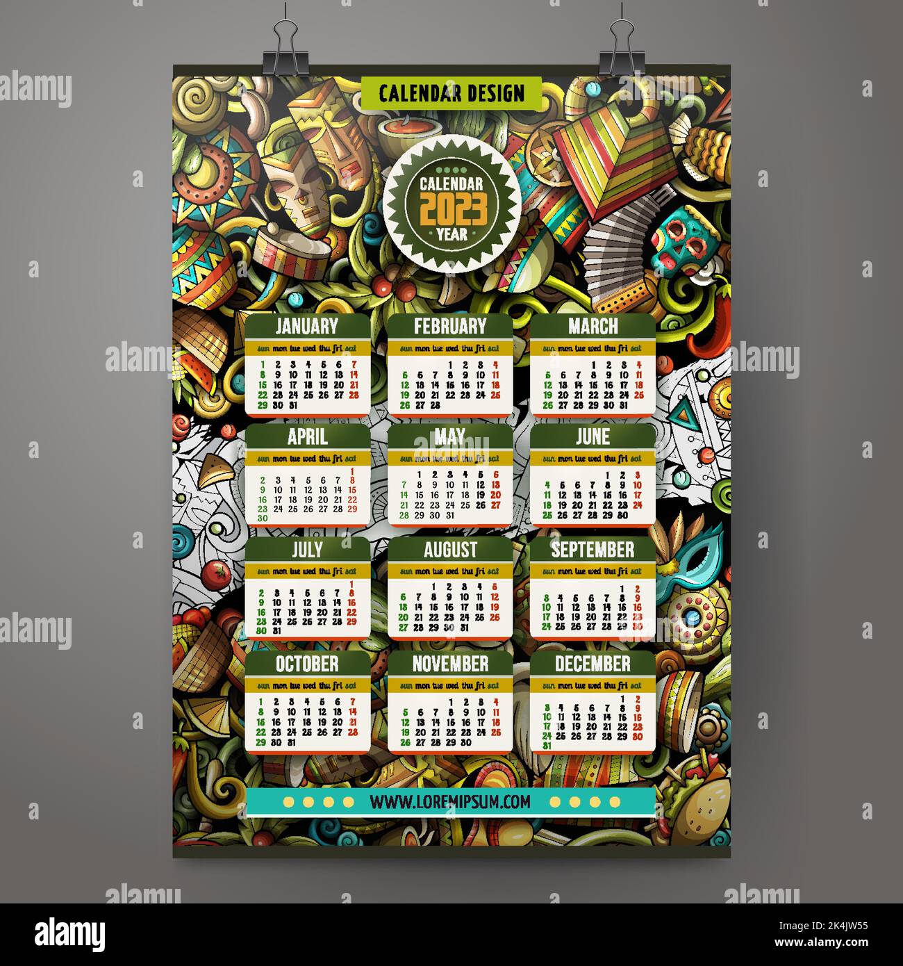 Cartoon doodles Latin America 2023 year calendar template Stock Vector ...