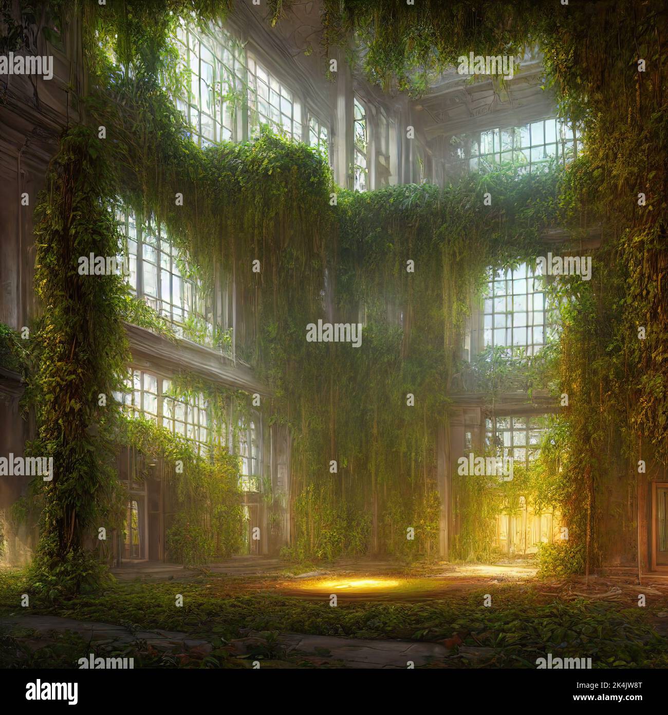 Abandoned palace castle overgrown with vegetation, ivy and vines. Empty ...