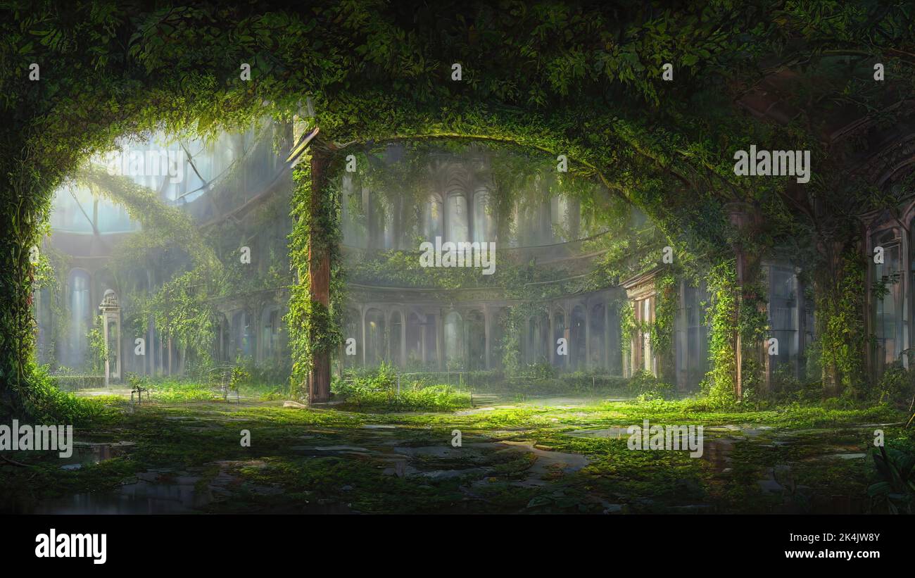 Abandoned palace castle overgrown with vegetation, ivy and vines. Empty ...