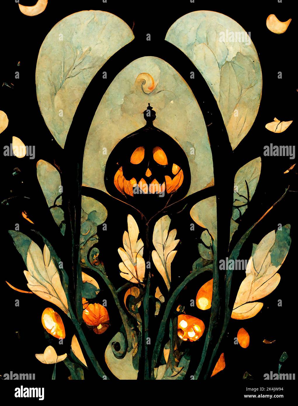 Halloween card with a silhouette of an ominous gate in a mysterious ...