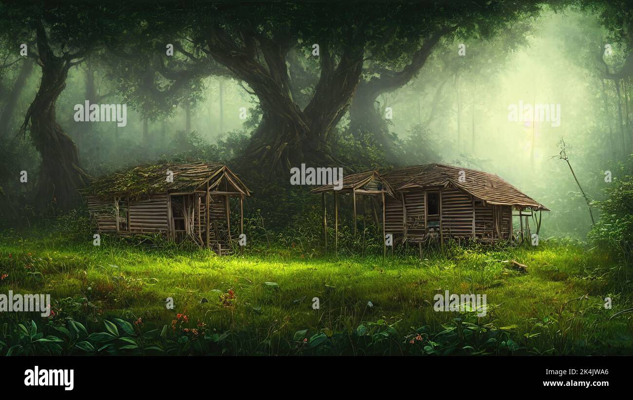 Abandoned old house hut shack overgrown with vegetation, ivy and vines ...