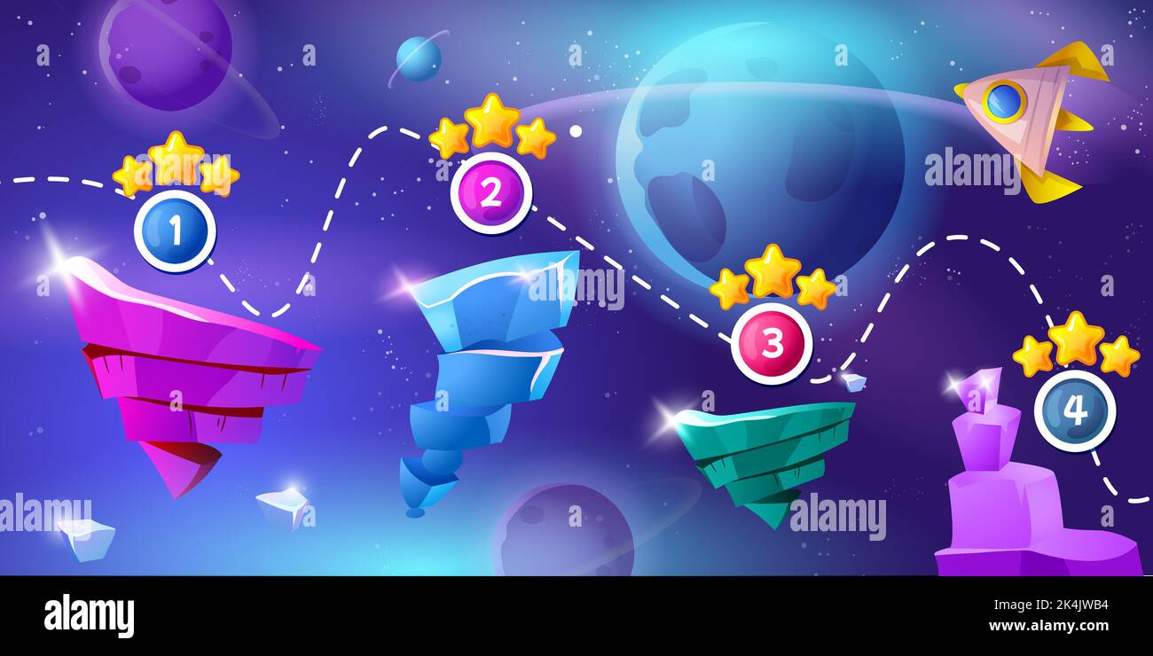 Space game level background with crystal platforms, flying rocket and ...