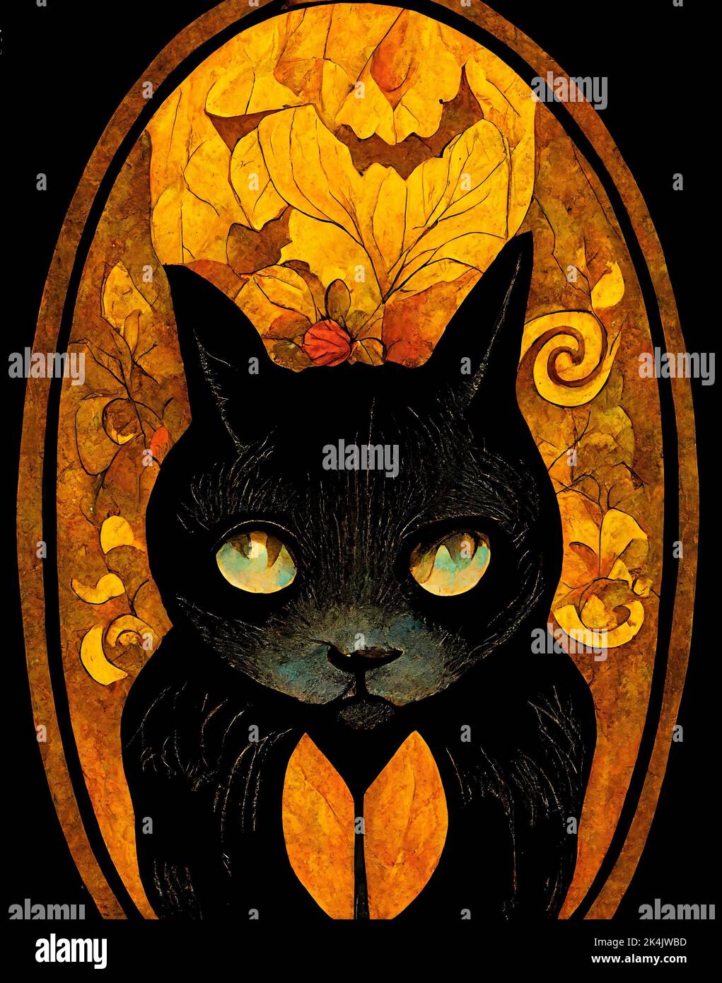Halloween Black Cat Familiar of Witch . Art-Nouveau fantasy style card ...