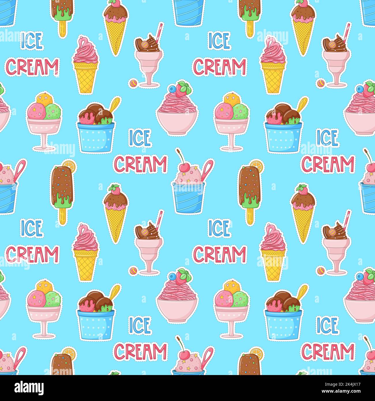 Summer seamless pattern with cartoon bright ice cream, popsicle ...