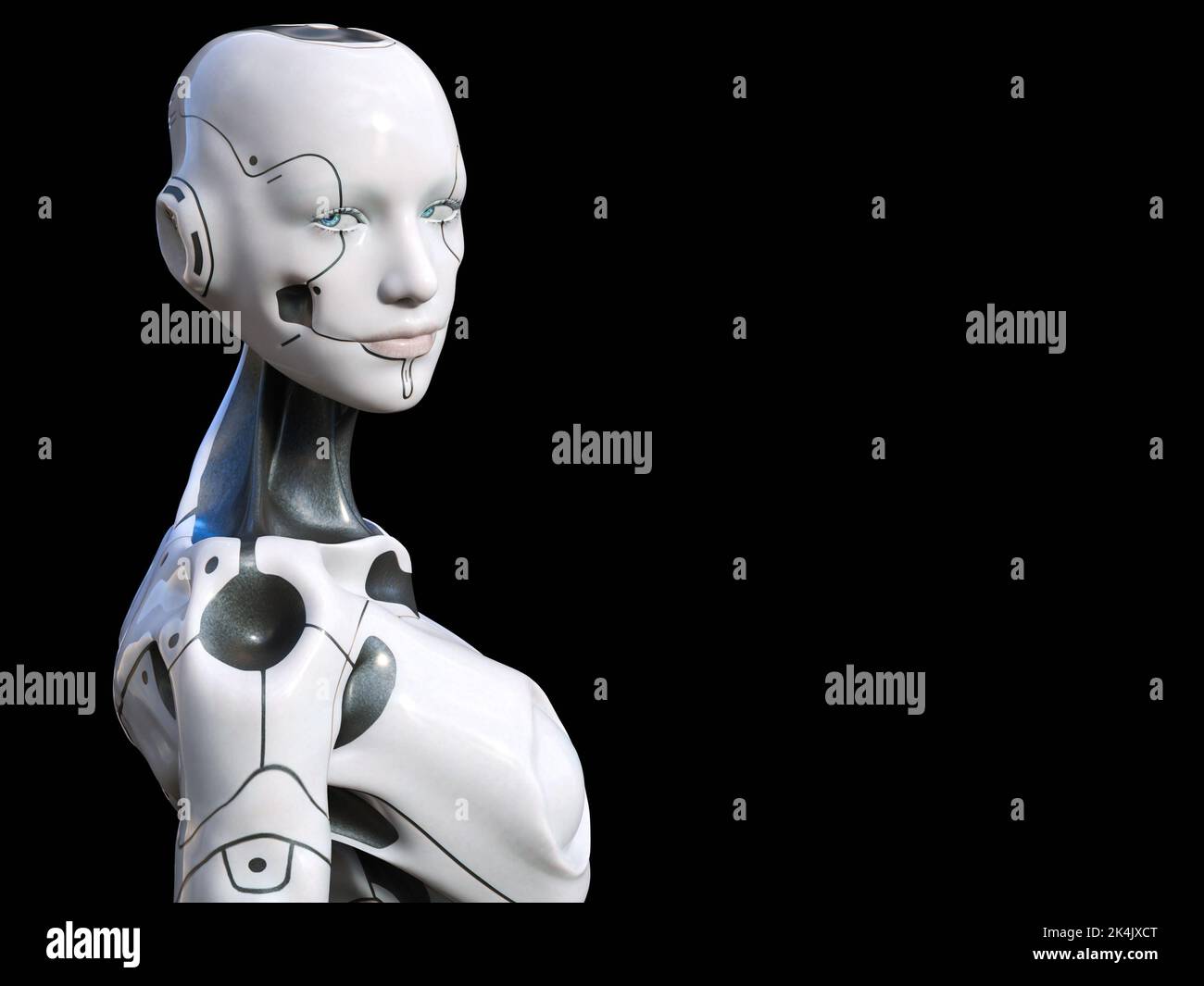 3D rendering of an android robot woman looking at you. Black background ...