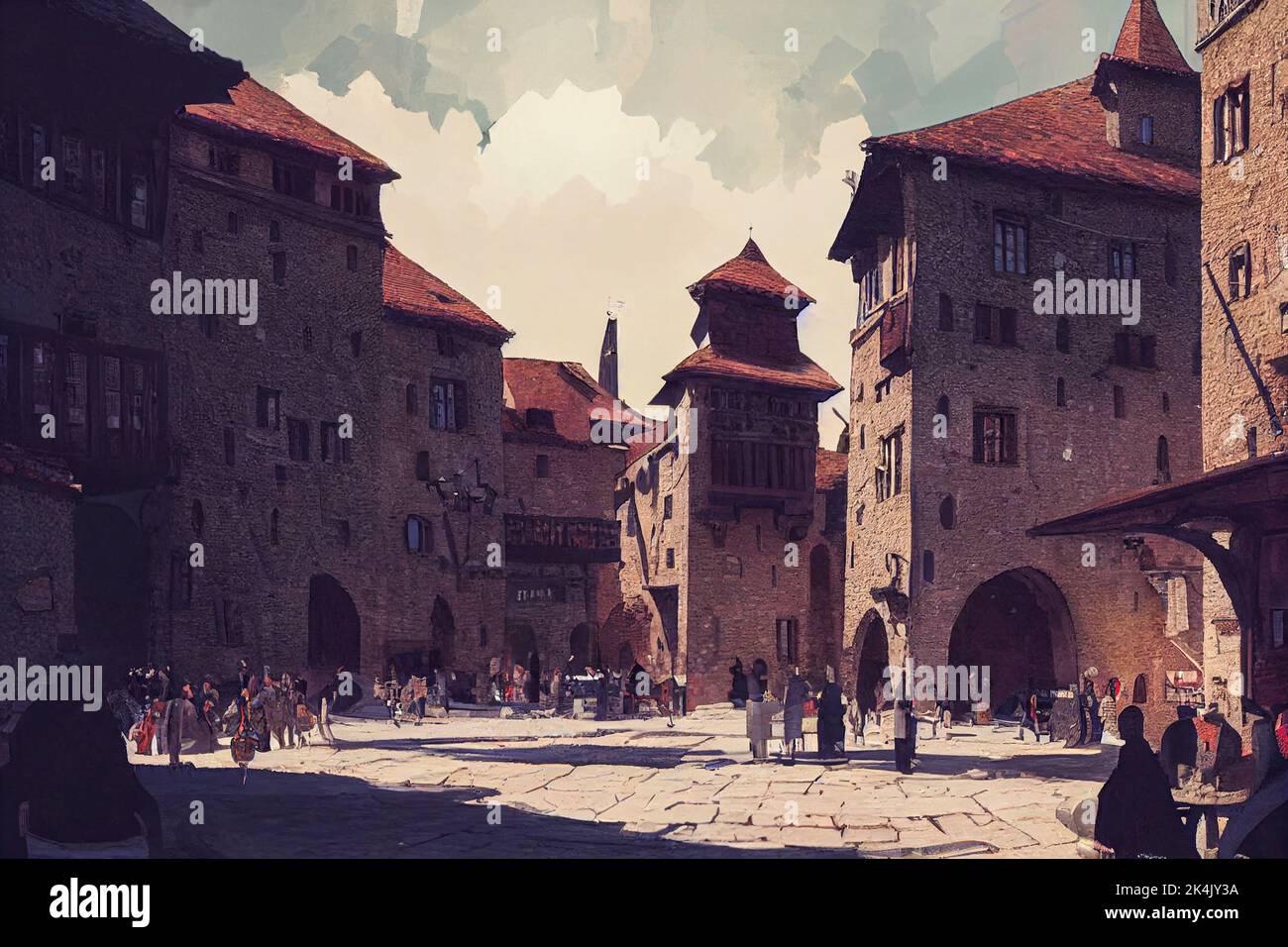 A 3D rendering of medieval town surrounded by buildings Stock Photo - Alamy