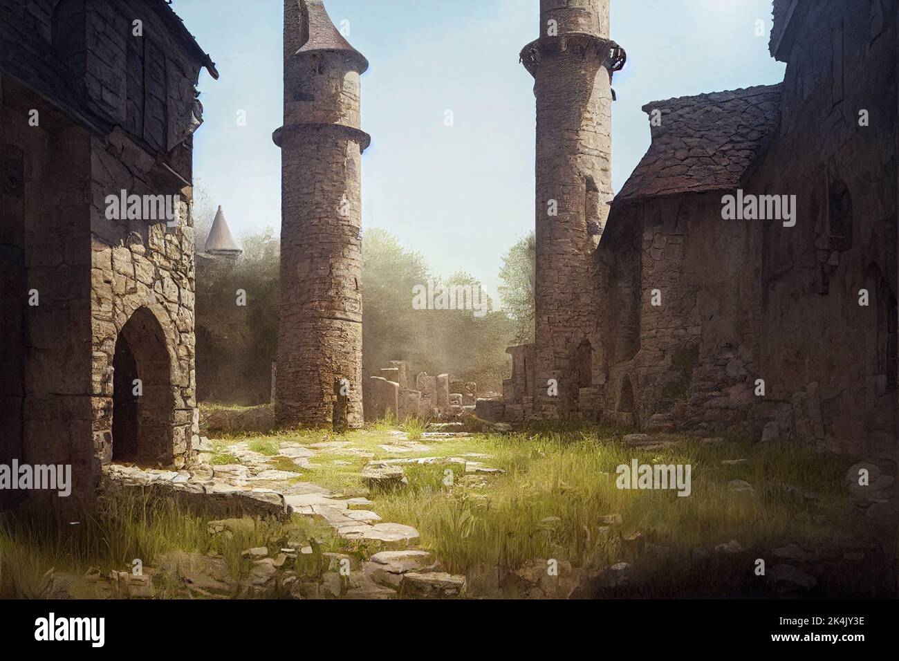 A 3D rendering of medieval stony castle Stock Photo - Alamy