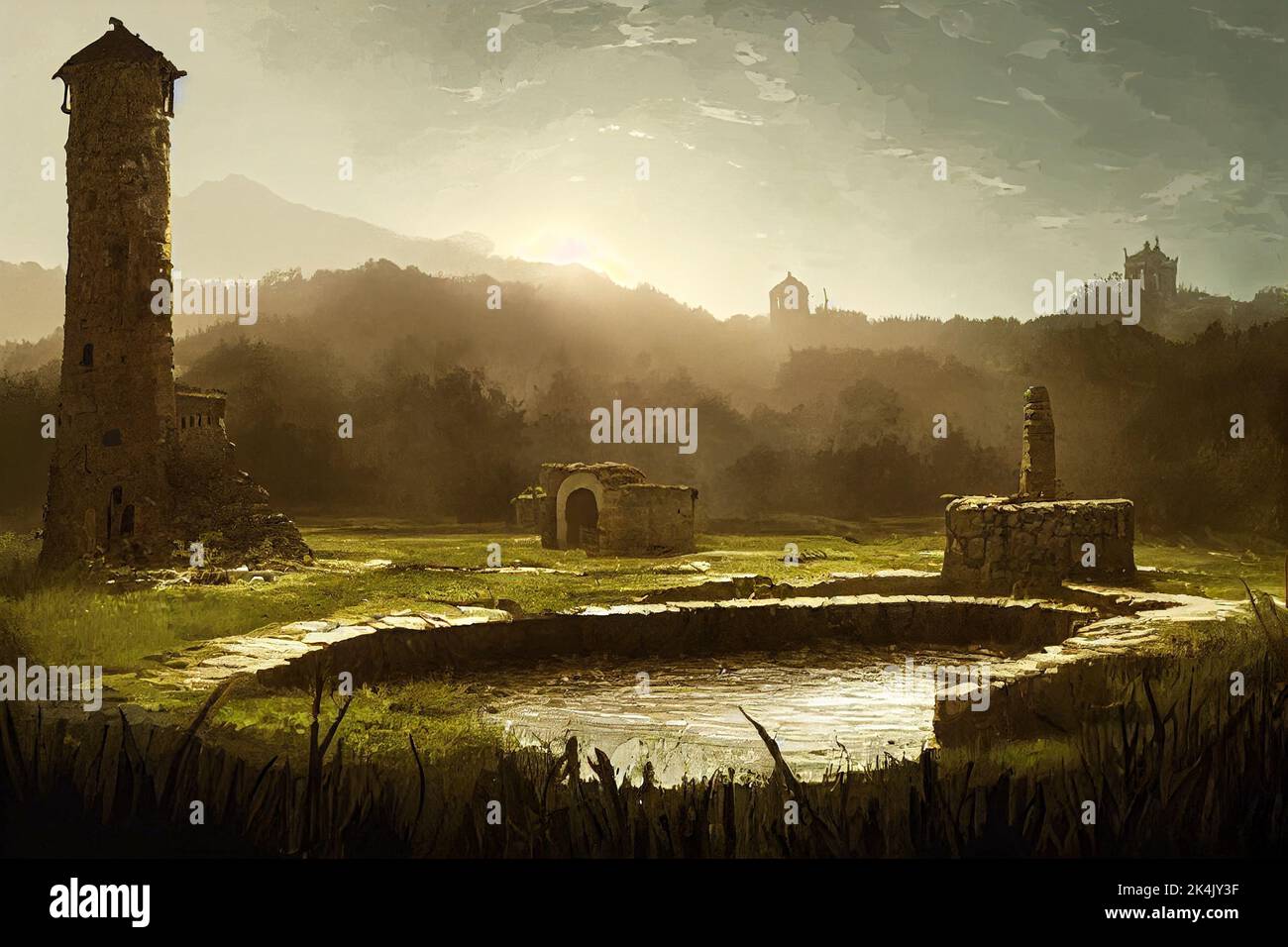 A 3D rendering of medieval stony castle Stock Photo - Alamy