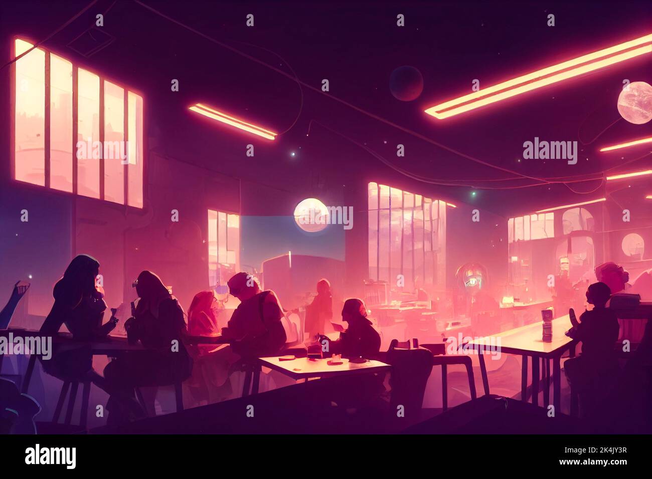 A 3D rendering of science fiction cyberpunk cafe with people Stock ...