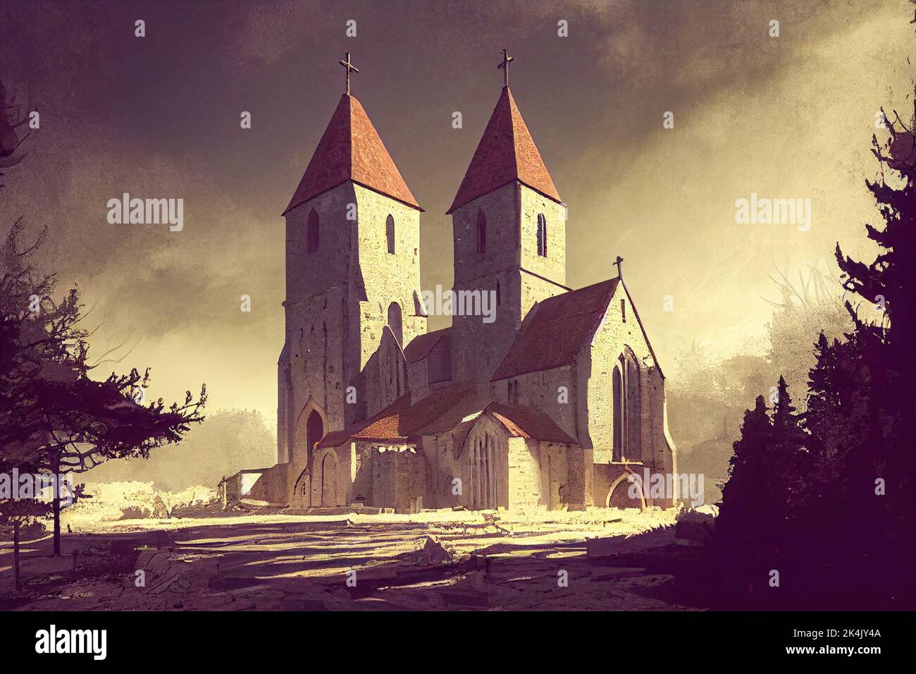 A 3D rendering of medieval church building facade Stock Photo - Alamy