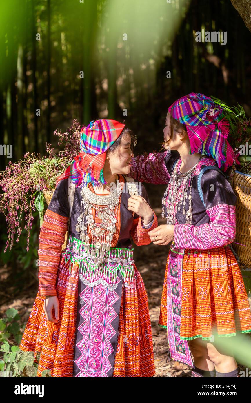 People H'mong ethnic minority with colorful costume dress walking in ...