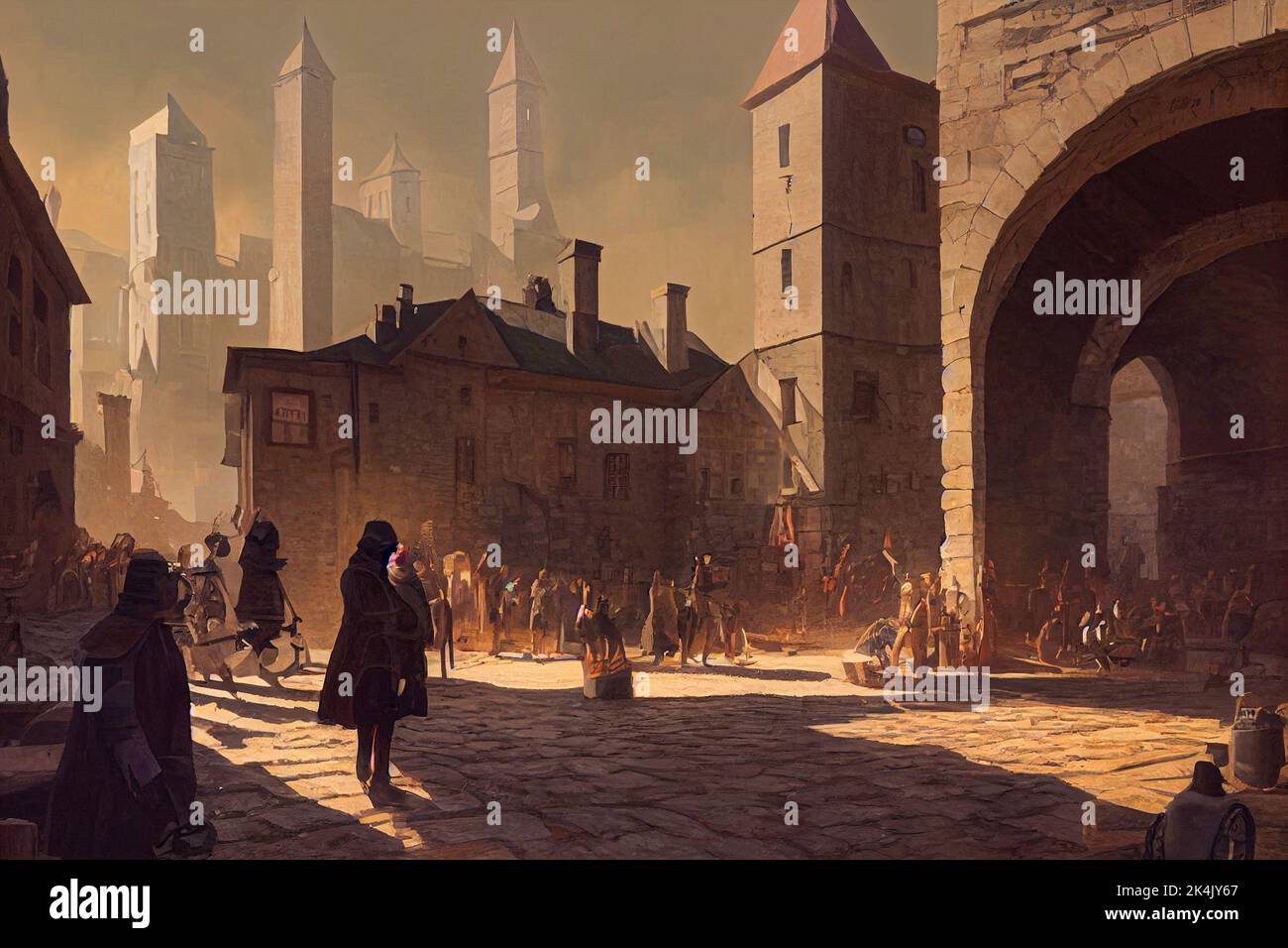 A 3D rendering of main square in a medieval town Stock Photo - Alamy