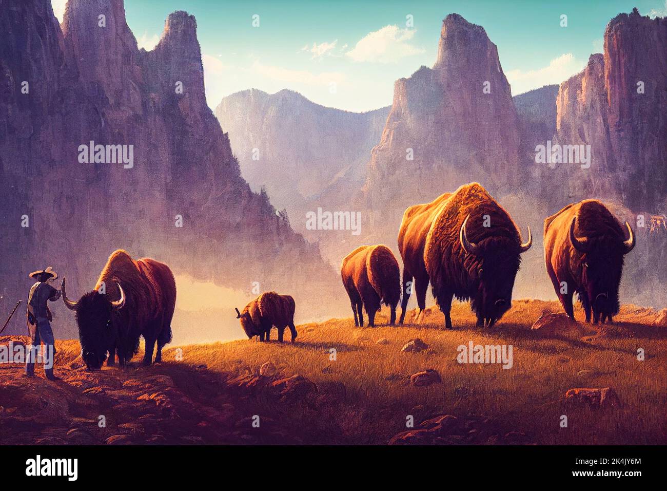 A 3D rendering of bison herd in field surrounded by cliffs Stock Photo ...