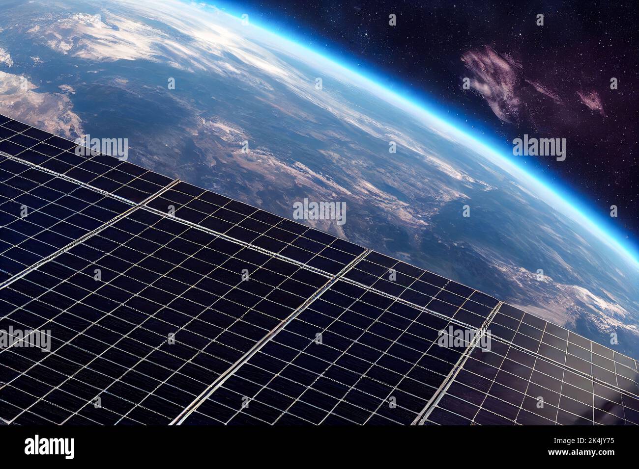 A 3D rendering of voltaic power plants orbiting the earth Stock Photo ...