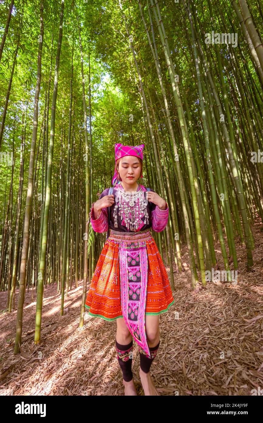 People H'mong ethnic minority with colorful costume dress walking in ...
