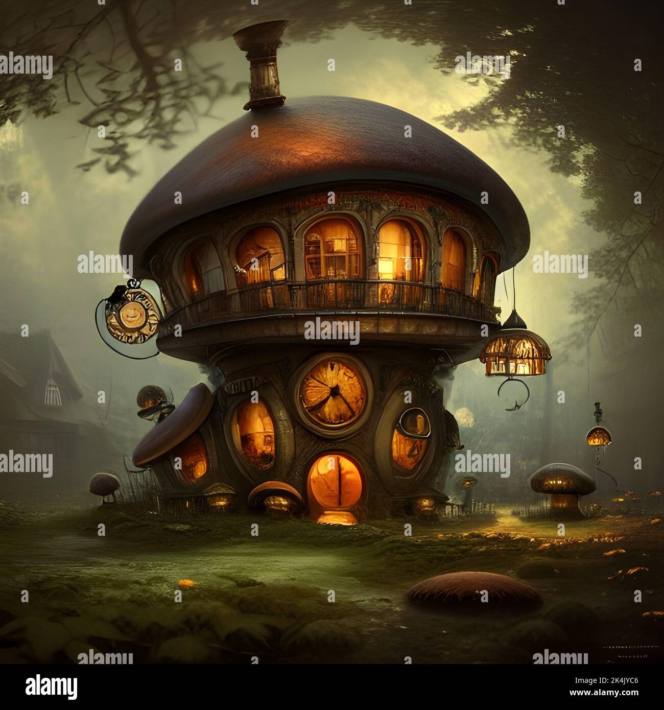 A 3D rendering of fantasy mushroom house with round windows Stock Photo ...