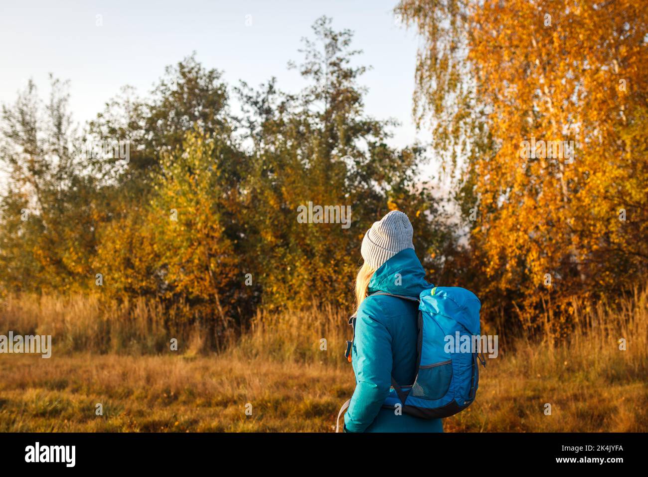 Tourist with backpack walking in fall forest. Woman hiking in autumn ...