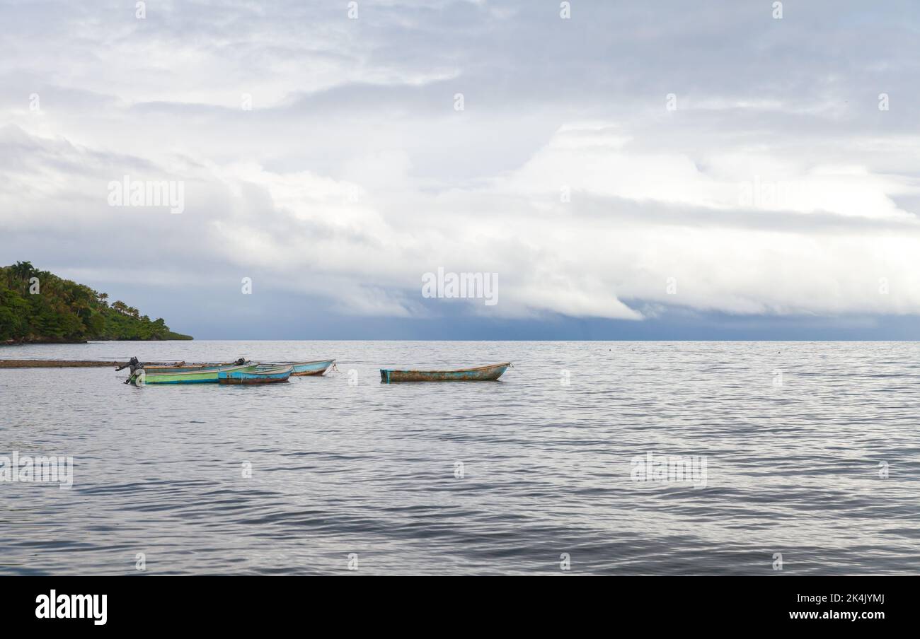Small boats are anchored at Samana bay, Dominican Republic Stock Photo ...