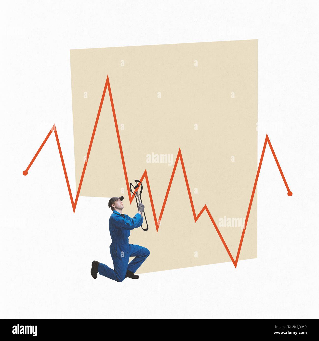 Contemporary art collage. Concentrated man, worker fixing business ...