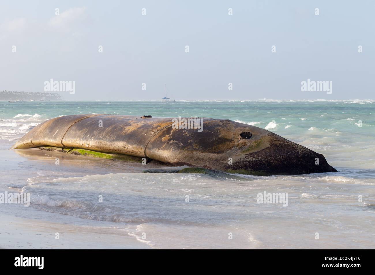 Breakwater, concrete protective structure is on Bavaro Beach on a sunny ...