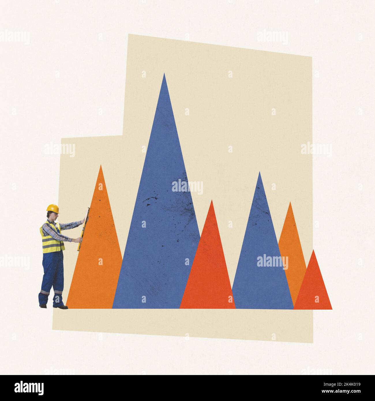 Contemporary art collage. Man, technician measuring professional graph ...