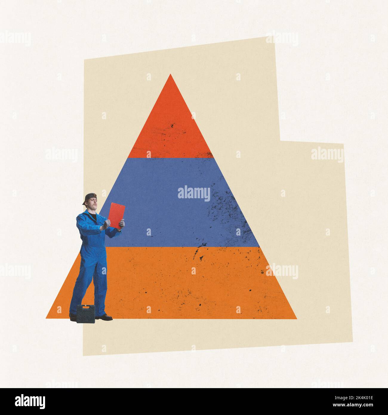 Contemporary art collage. Man, technical worker checking business ...