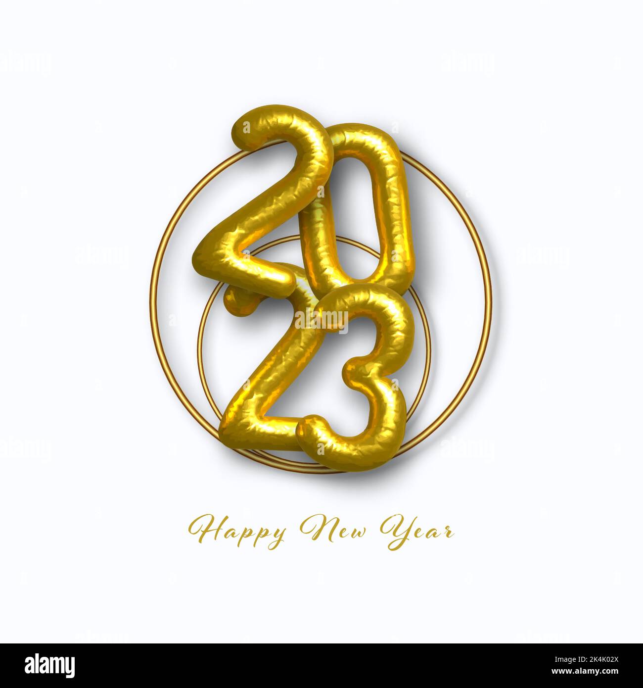 2023 New Year numbers from gold foil with gold circles. Postcard Merry Christmas and Happy New ...