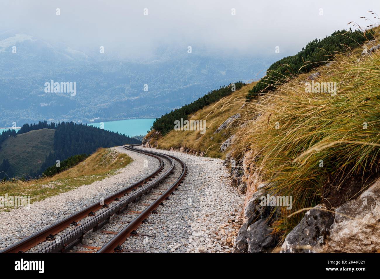 Cog railroad track to Schafberg peak. Salzburger land Alps mountains ...