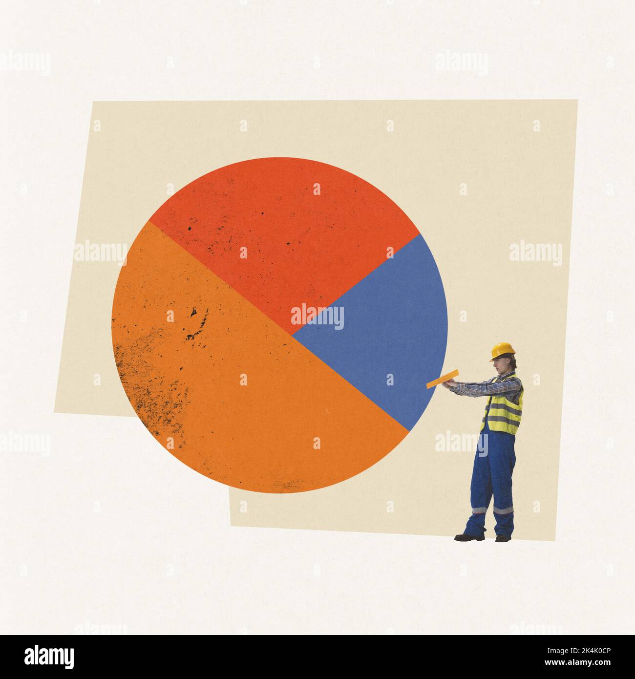 Contemporary art collage. Man, technician working on business graph and ...