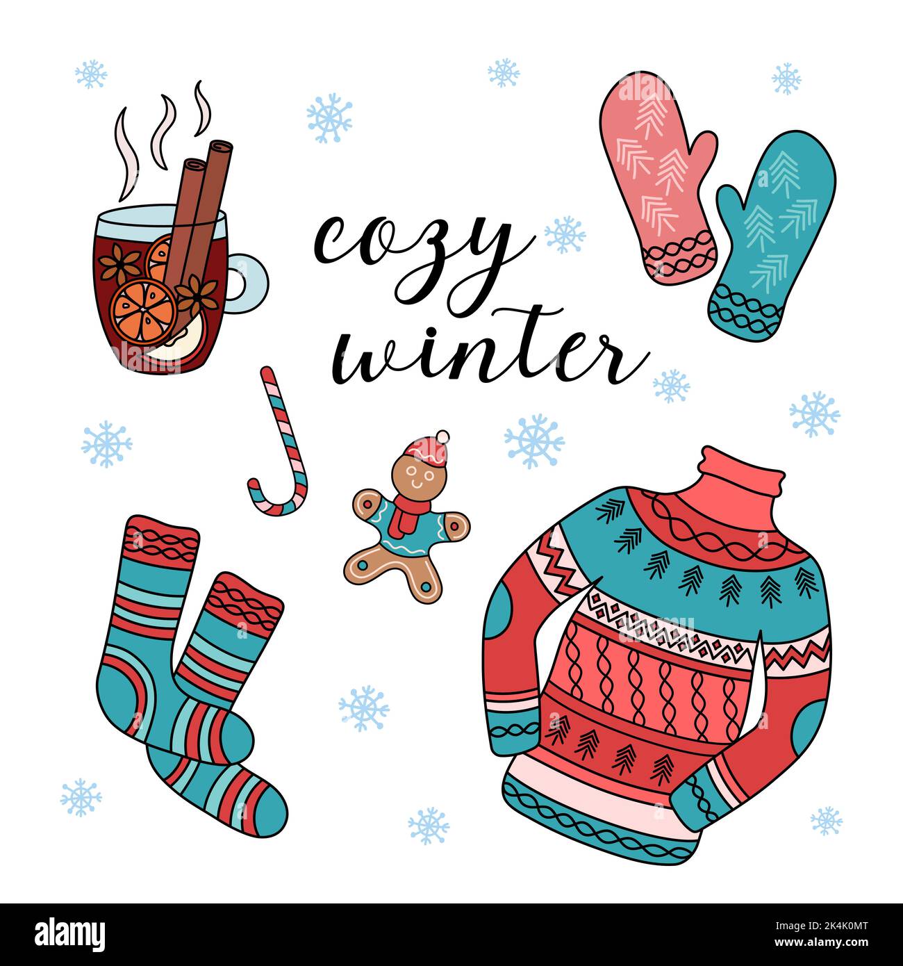 Cozy winter card. Warm clothes and mulled wine design elements. Vector ...