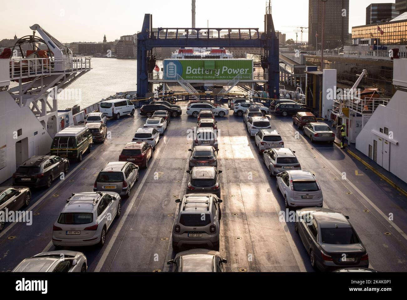 Cars parked on the car deck of the Stena Jutlandica ferry at the ferry ...