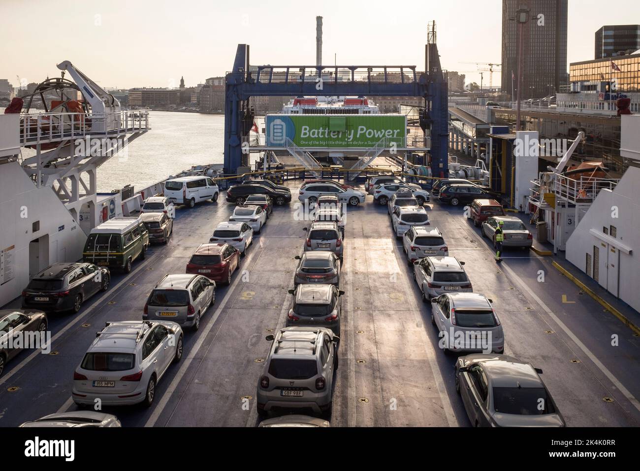 Cars parked on the car deck of the Stena Jutlandica ferry at the ferry ...