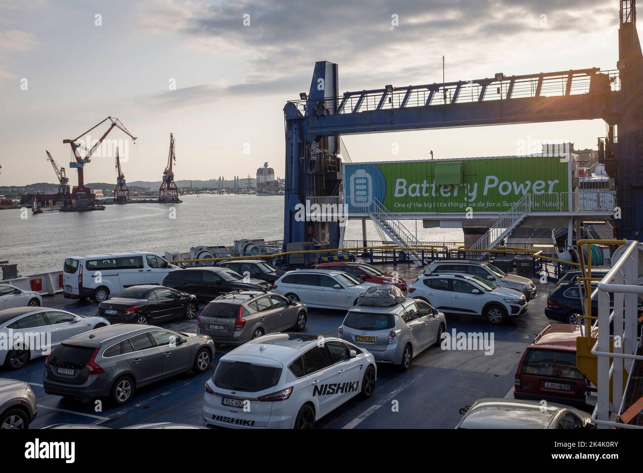 Cars parked on the car deck of the Stena Jutlandica ferry at the ferry ...