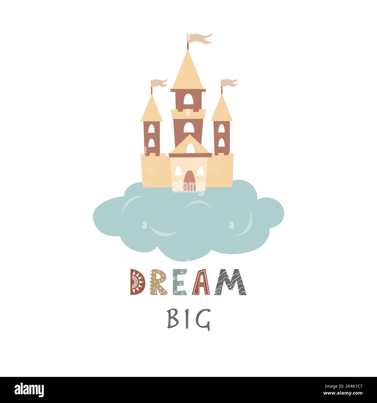 Fairy castle on the cloud isolated on white. Vector illustration in ...