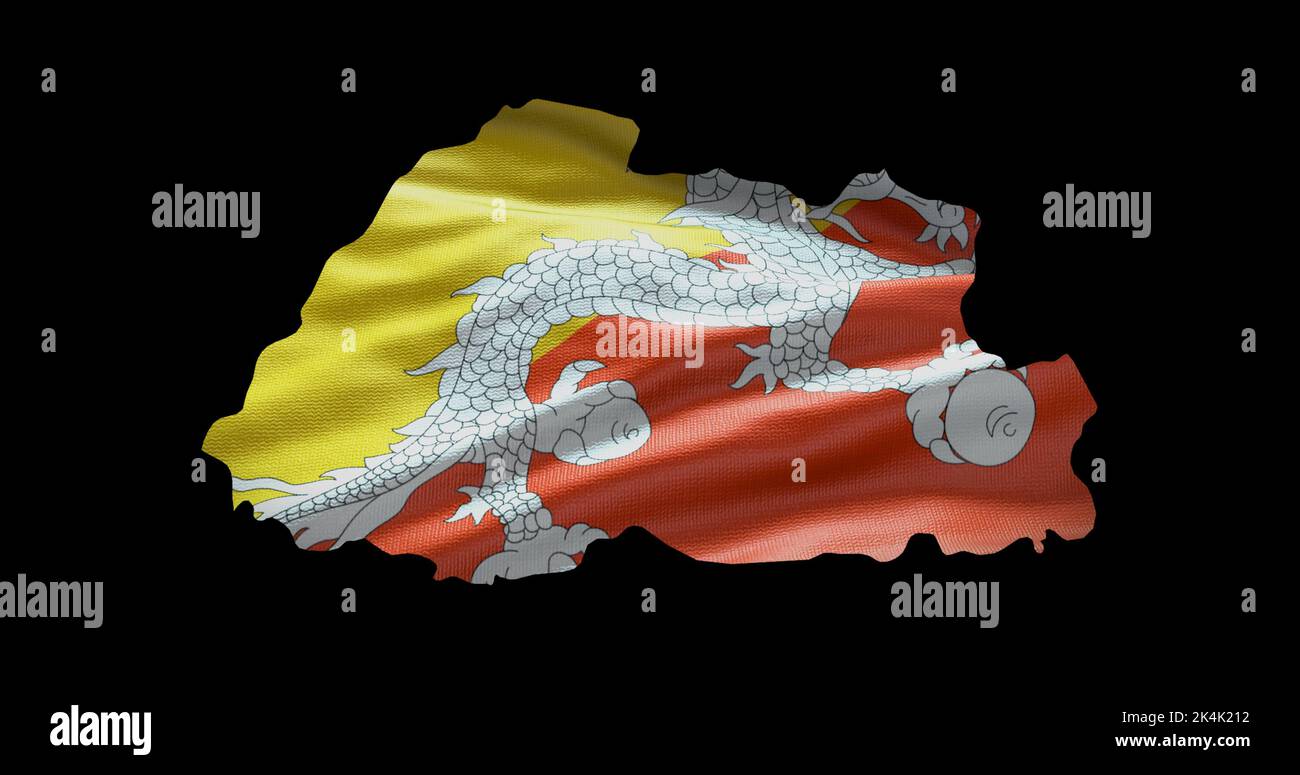Bhutan map shape with waving flag background. Alpha channel outline of ...